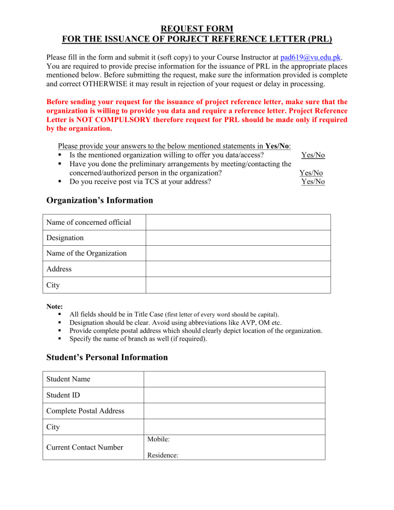 Project Reference Letter Request Form - University Project