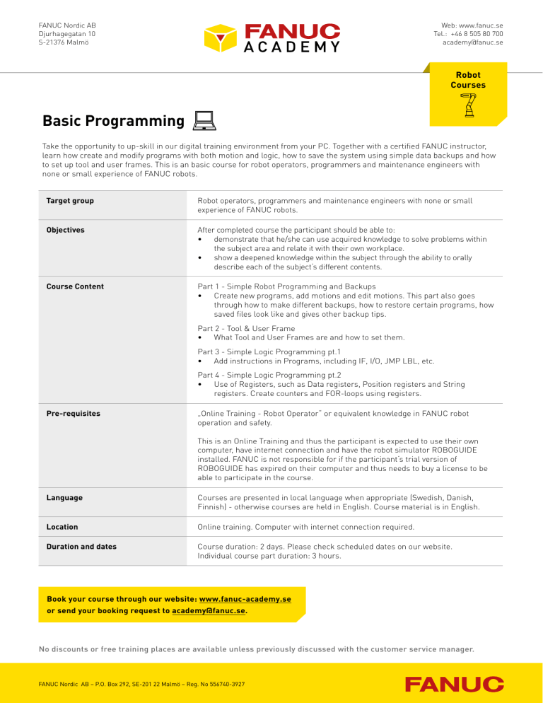 FANUC Basic Robot Programming Course Description