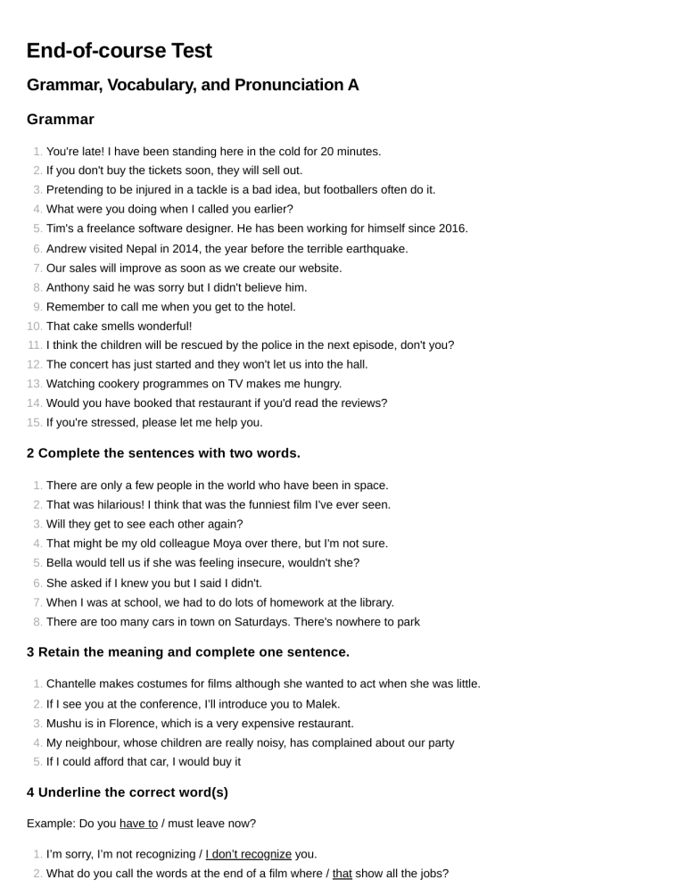 English Grammar, Vocabulary, Pronunciation Test