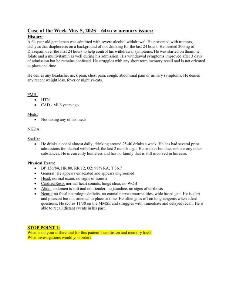 Case Study: Memory Loss & Confusion in Alcohol Withdrawal