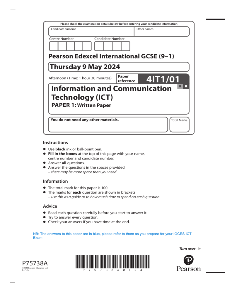 IGCSE ICT Exam Paper 1: Practice Questions & Answers