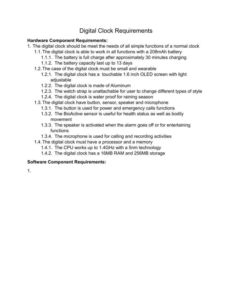 Digital Clock Requirements: Hardware & Software Specs