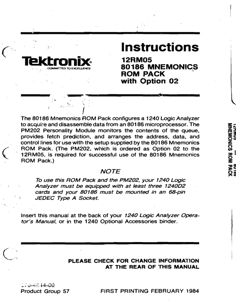 Tektronix 80186 Mnemonics ROM Pack Instructions