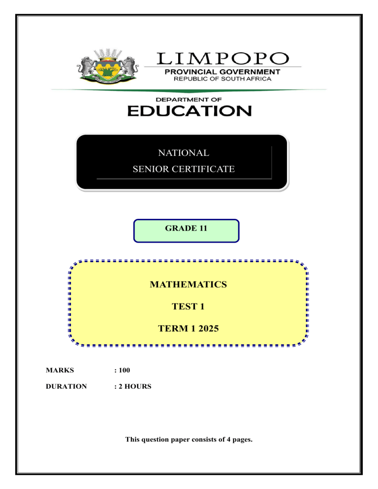 Grade 11 Mathematics Test 1 - Term 1 2025