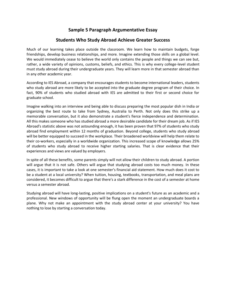 Study Abroad: Argumentative Essay Sample | Student Success