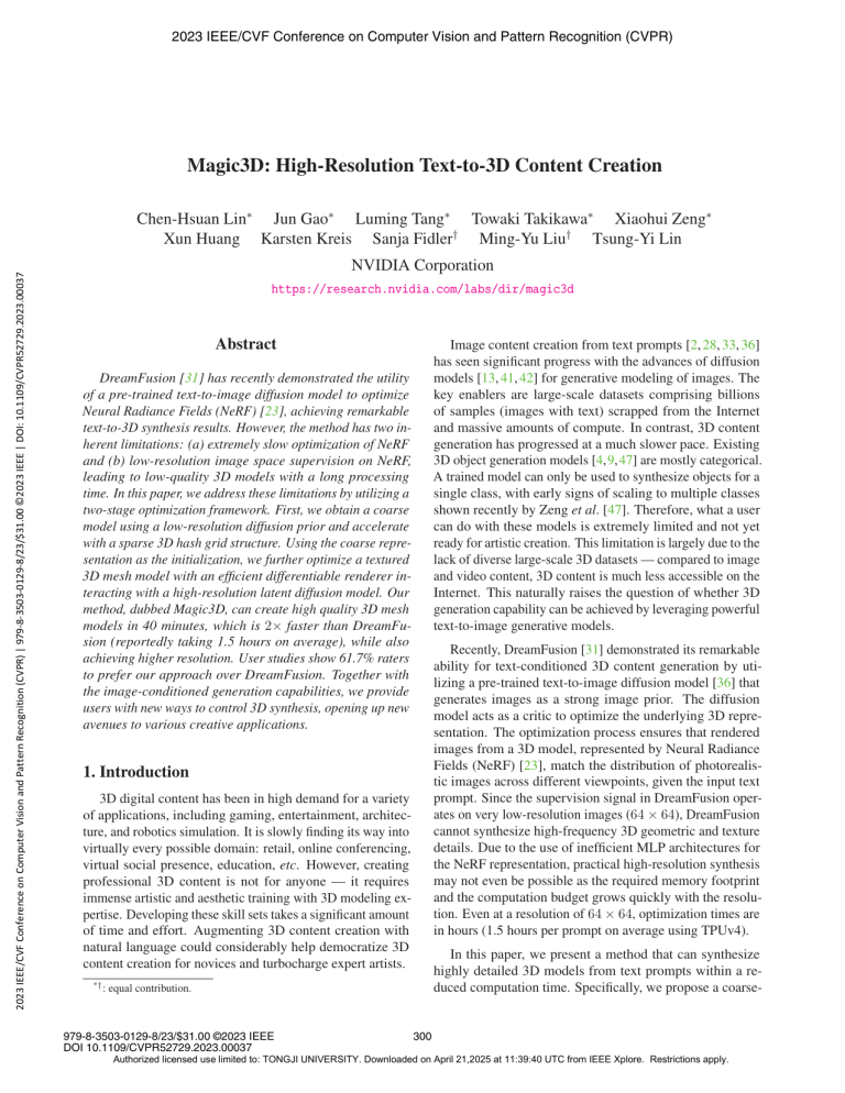 Magic3D: High-Resolution Text-to-3D Content Creation