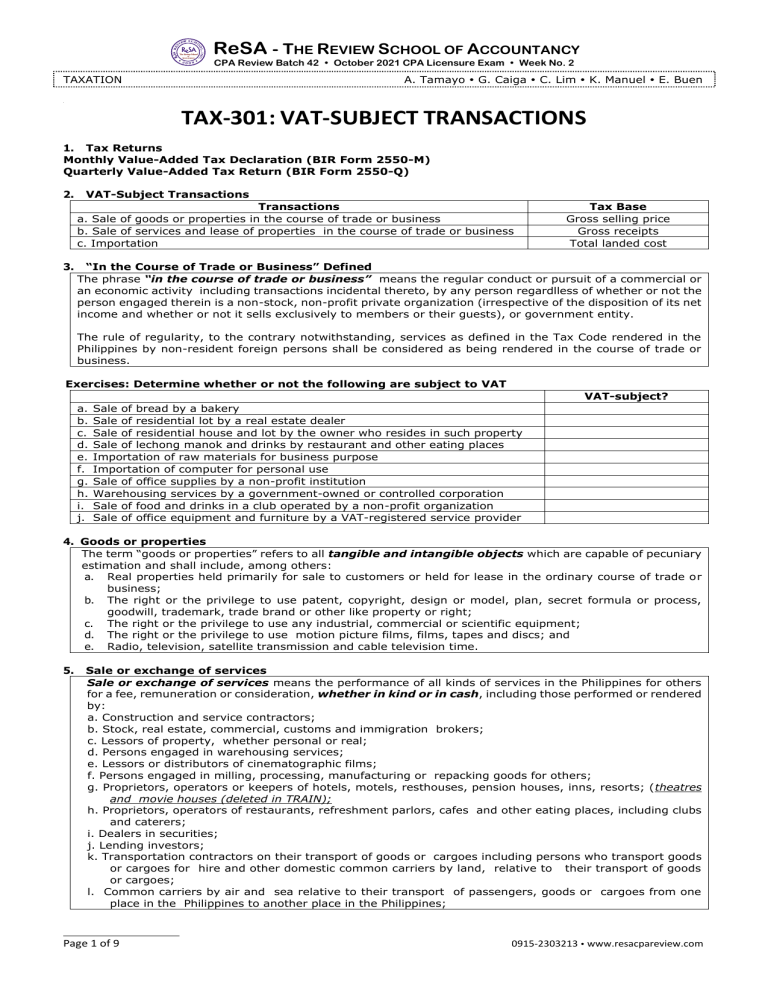 VAT-Subject Transactions: CPA Exam Review