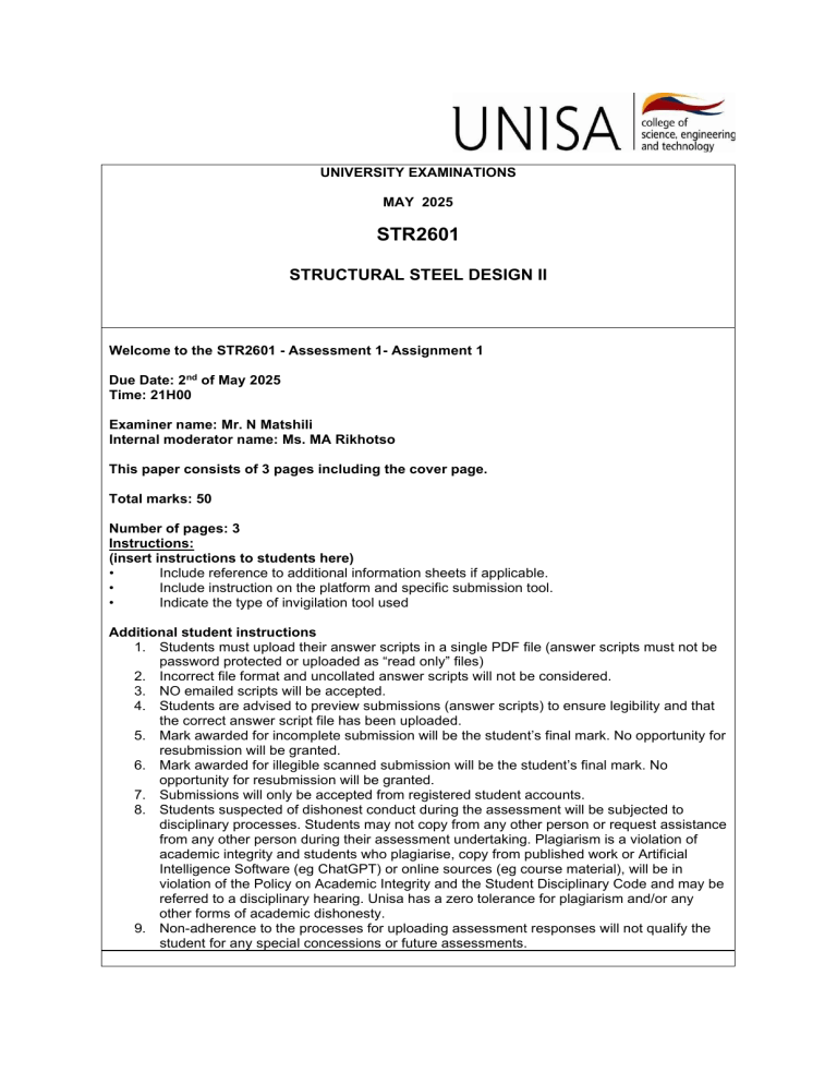 STR2601 Structural Steel Design II Exam Paper