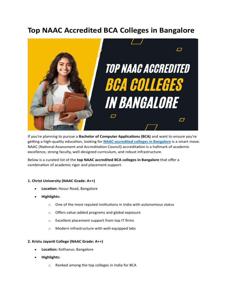 Top NAAC BCA Colleges in Bangalore | Admissions Guide