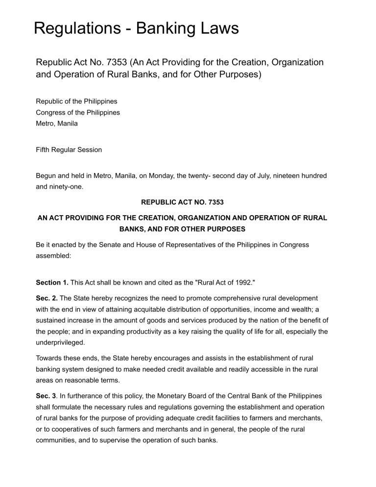 Republic Act 7353: Rural Banks Organization & Operation