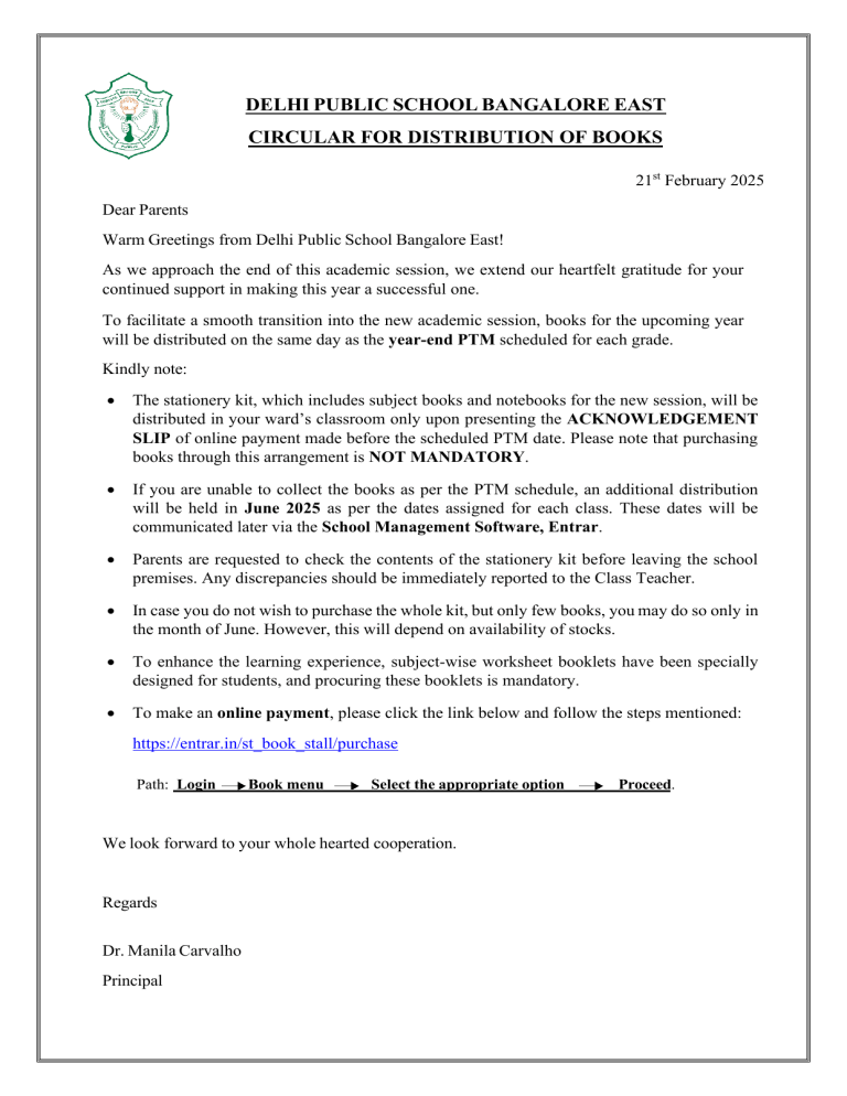 DPS Bangalore East: Book Distribution Circular 2025