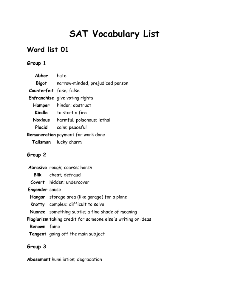 SAT Vocabulary List: Word List 01