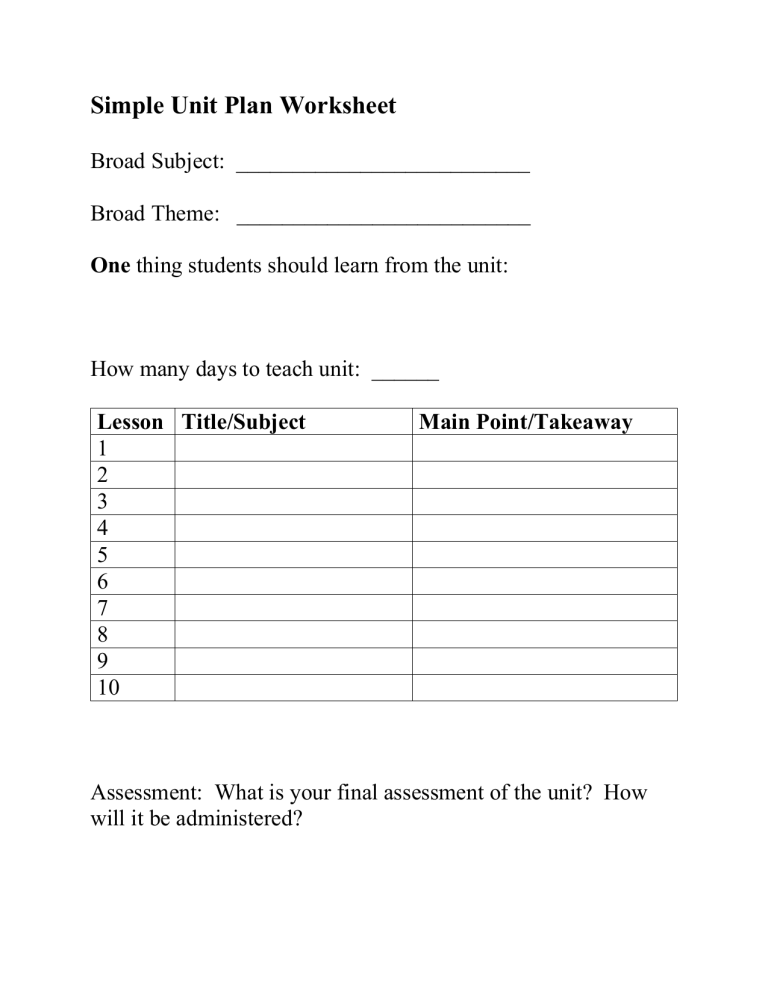 Simple Unit Plan Worksheet Template for Teachers