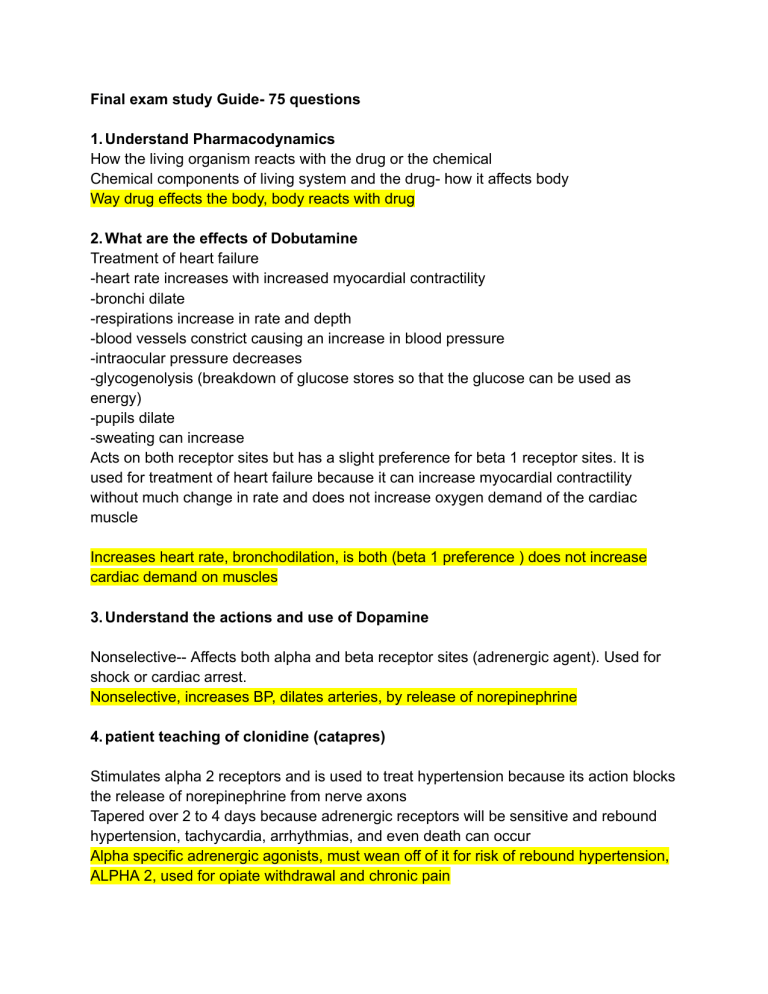 Pharmacology Study Guide: Drugs, Actions, and Effects