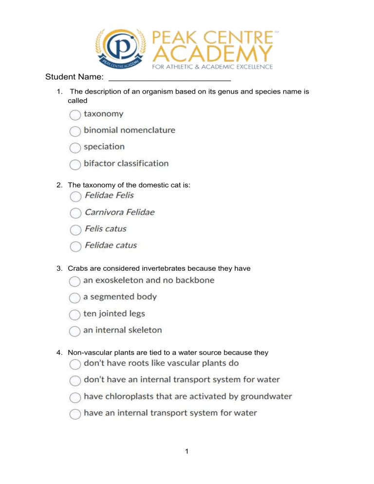 Biology Worksheet: Taxonomy, Cells, and Reproduction