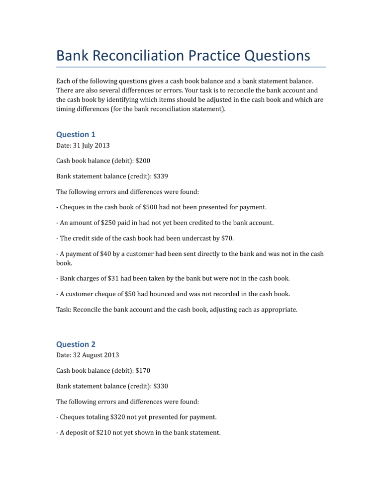 Bank Reconciliation Practice Questions
