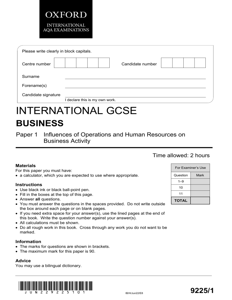 IGCSE Business Exam Paper: Operations & HR Influences