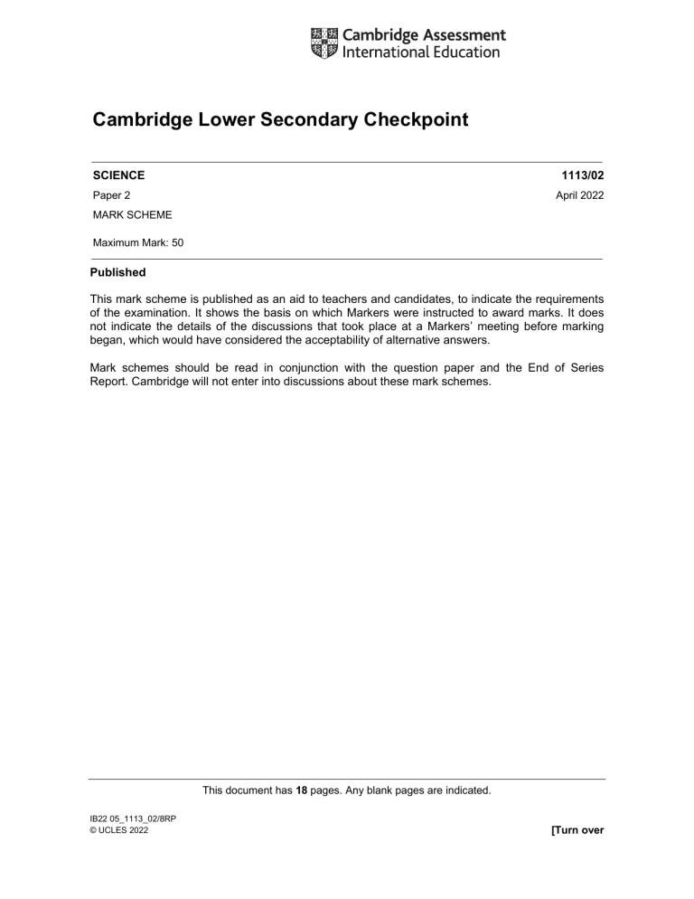 Cambridge Lower Secondary Checkpoint Science Mark Scheme 2022