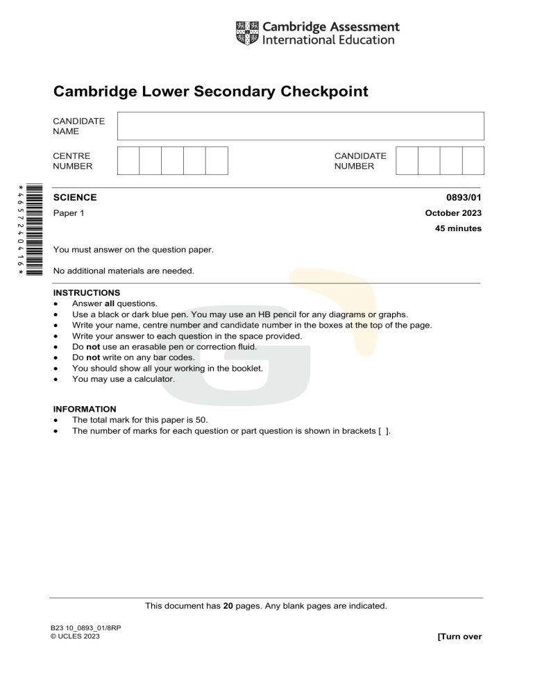 Cambridge Checkpoint Science Exam Paper - October 2023