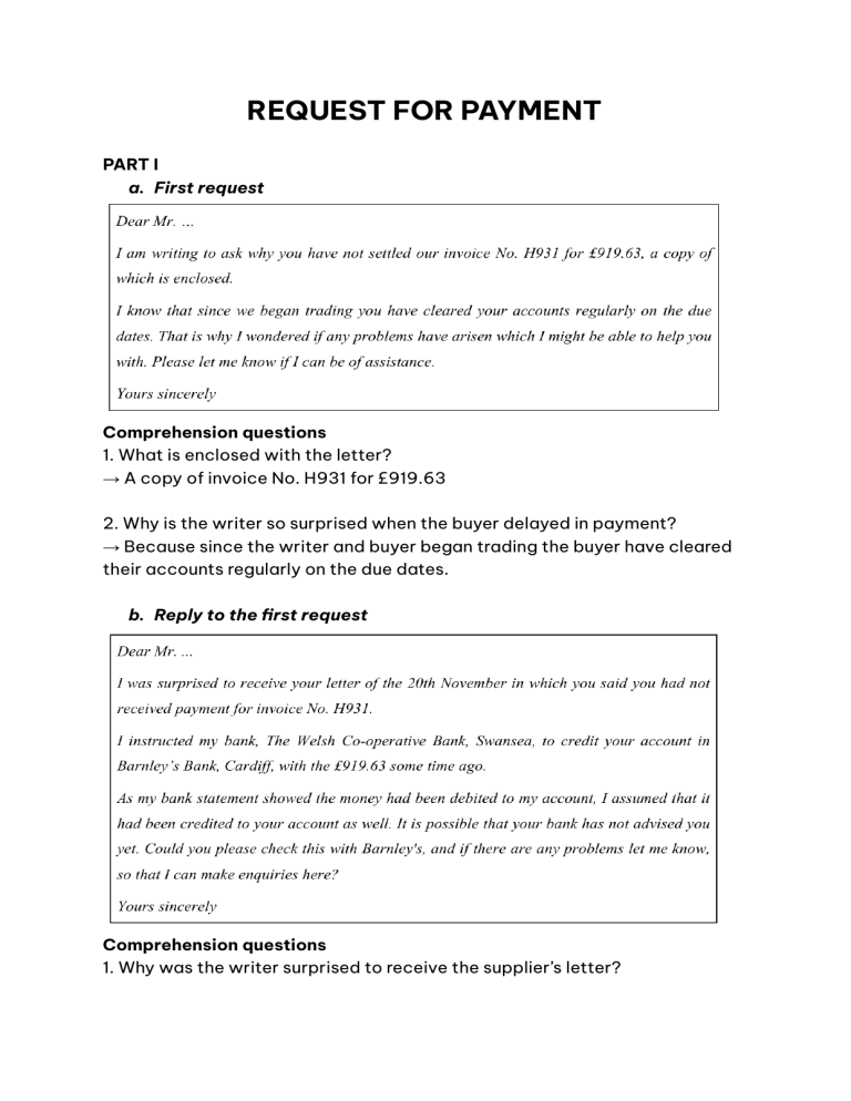 Request for Payment Letters & Comprehension Questions