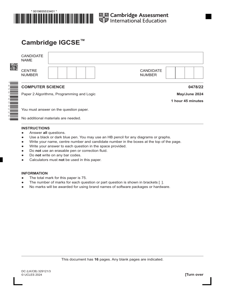 IGCSE Computer Science Paper 2: Algorithms, Logic