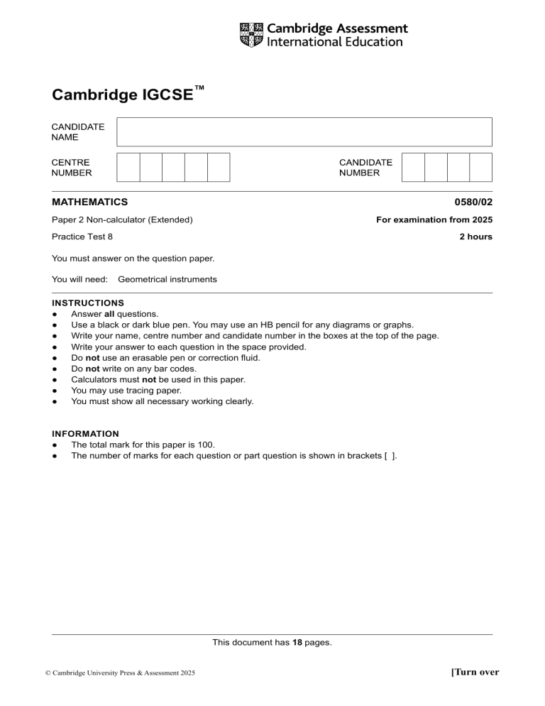 Cambridge IGCSE Mathematics Practice Test 8 (Extended)