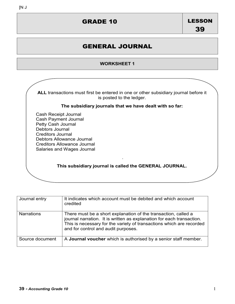 General Journal Worksheet: Accounting Basics for Grade 10