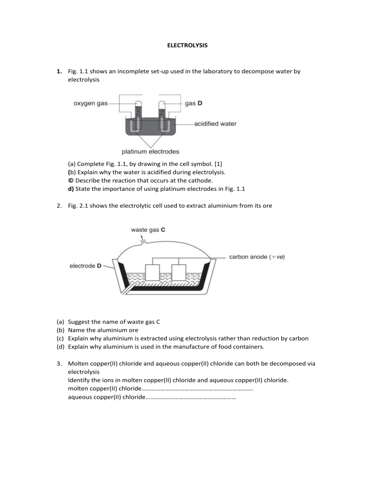 Electrolysis Worksheet: Chemistry Practice Questions