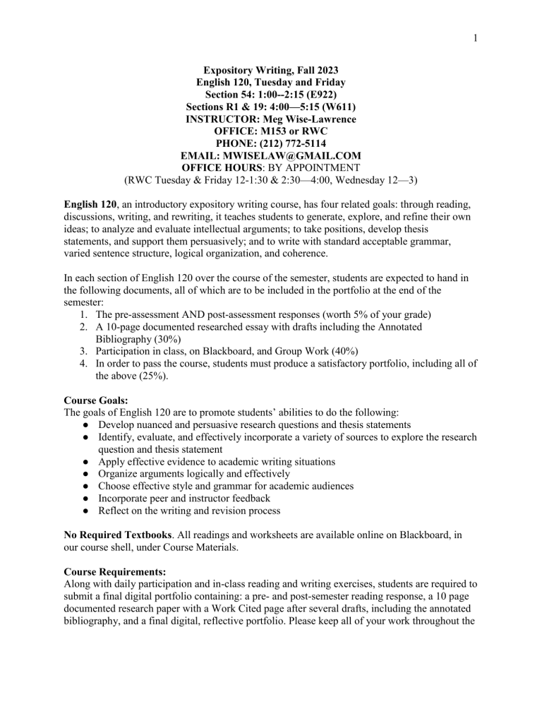 English 120 Syllabus: Expository Writing, Fall 2023