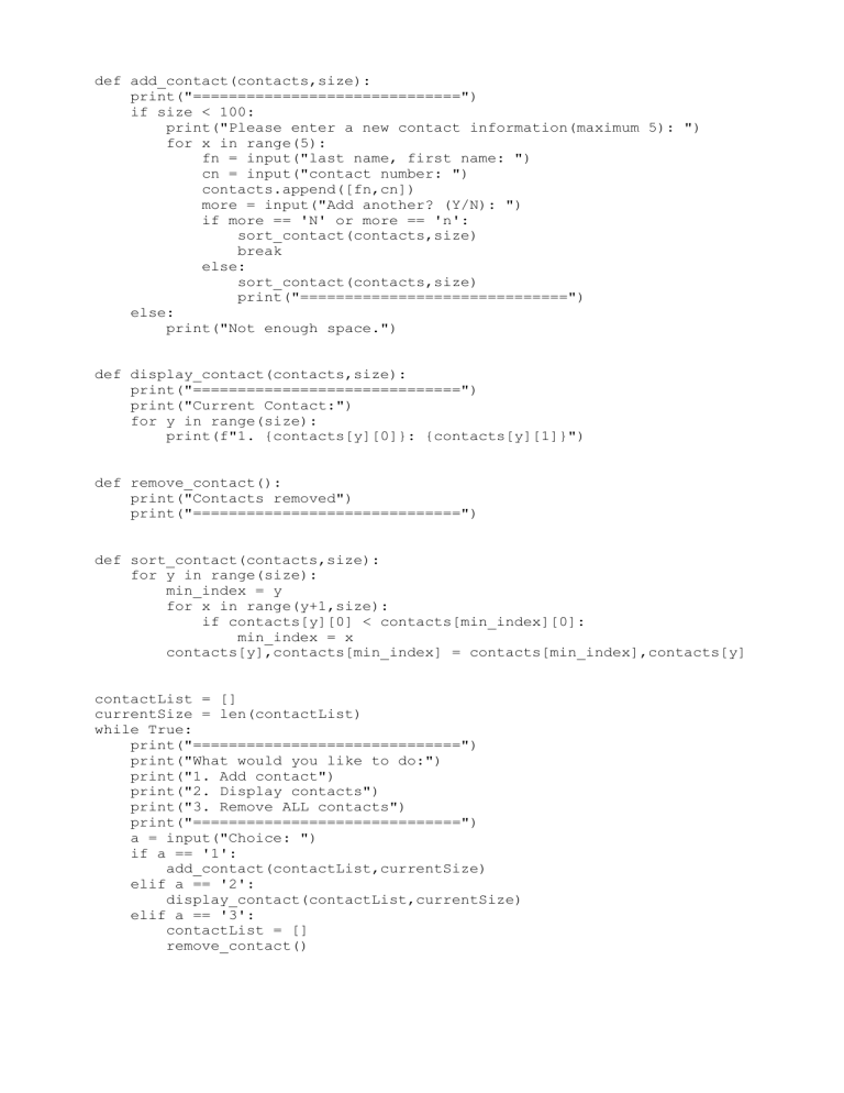Python Contact Management Code Snippet