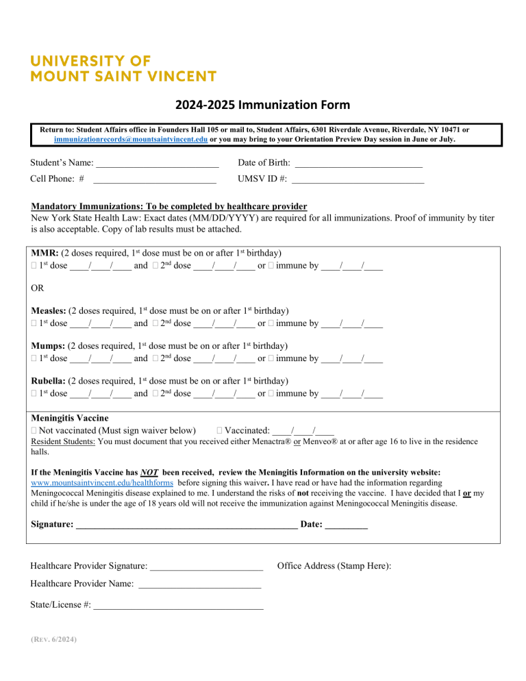 2024-2025 Immunization Form - Mount Saint Vincent