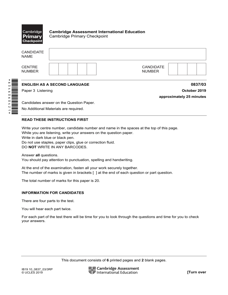 ESL Listening Exam: Cambridge Primary Checkpoint
