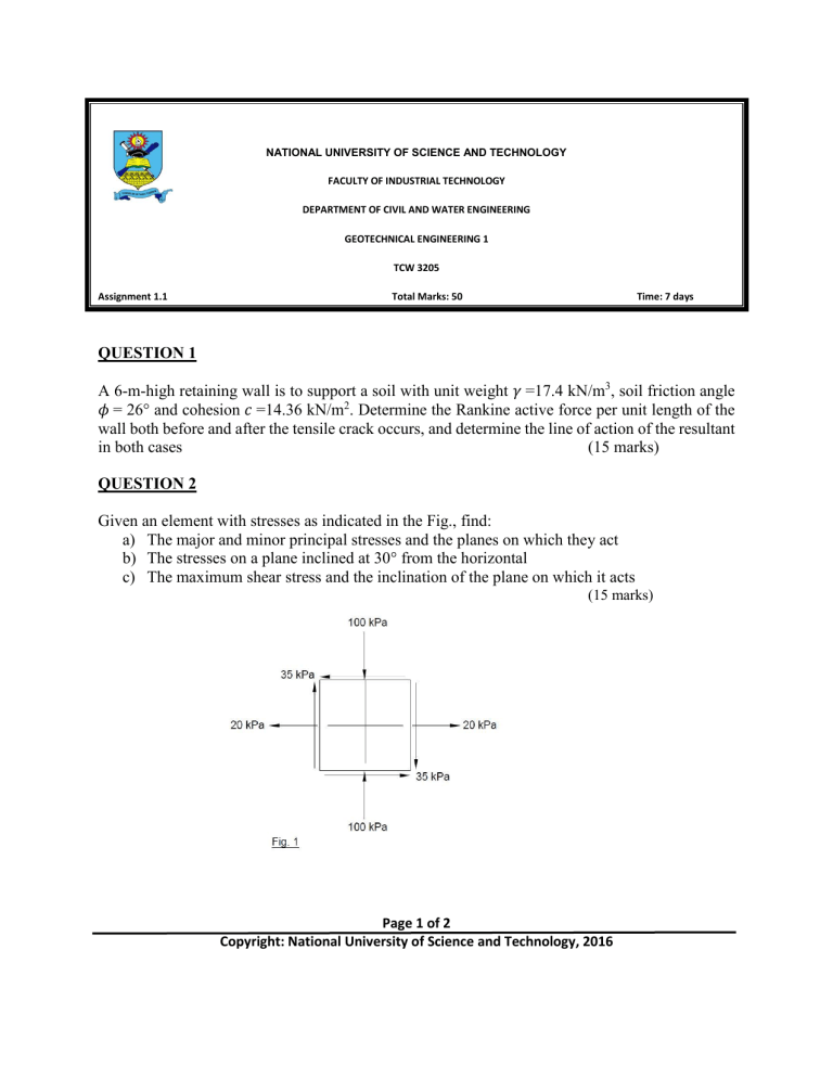 Geotechnical Engineering Assignment: Retaining Walls & Stress
