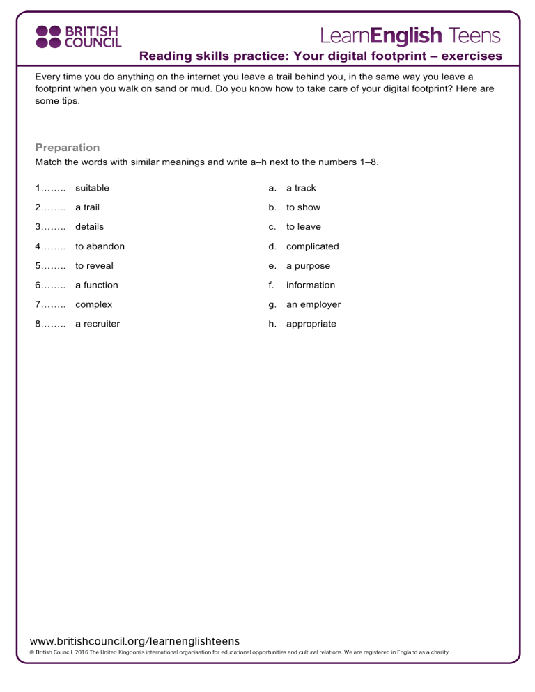Digital Footprint Worksheet for Teens