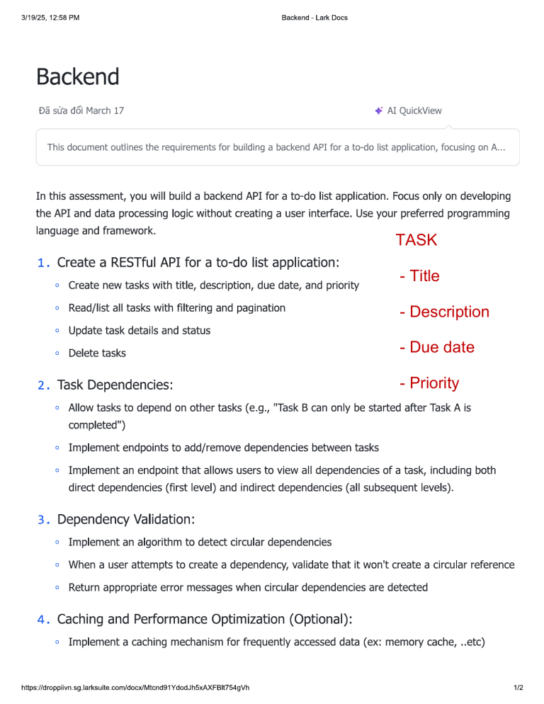 Backend API Requirements: To-Do List Application