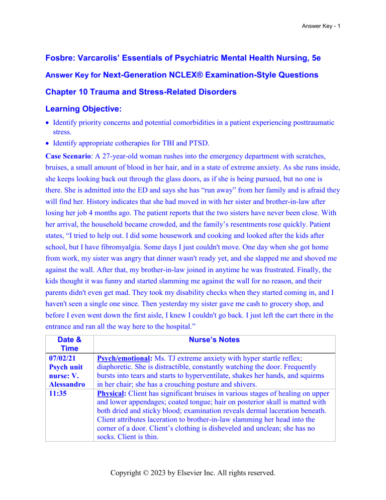 Psychiatric Nursing Answer Key: Trauma, Stress, Anxiety