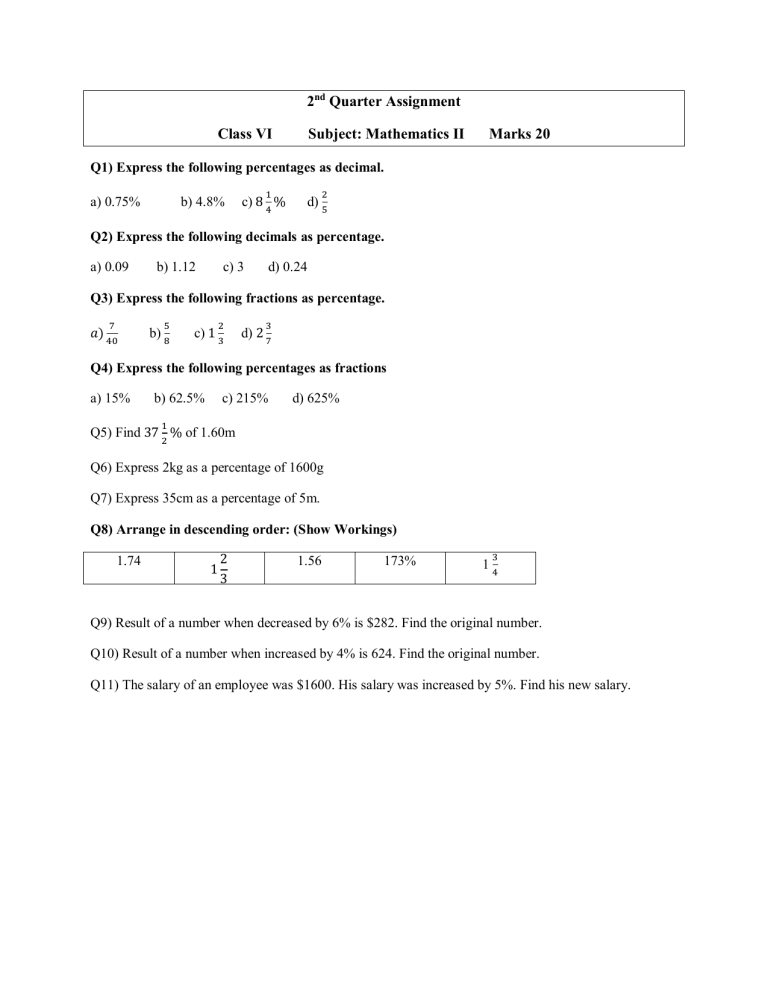 Class VI Math Assignment: Percentages, Decimals, Fractions