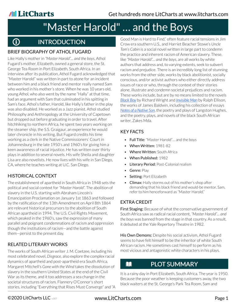 "Master Harold"...and the Boys Study Guide | LitCharts