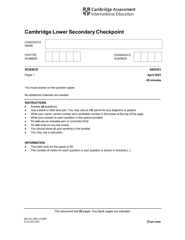 Cambridge Checkpoint Science Exam Paper - Middle School