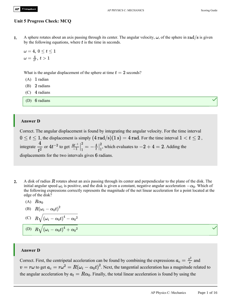 AP Physics C: Mechanics - Unit 5 MCQ Scoring Guide