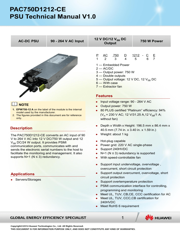 PAC750D1212-CE PSU Technical Manual | 750W AC-DC Power Supply