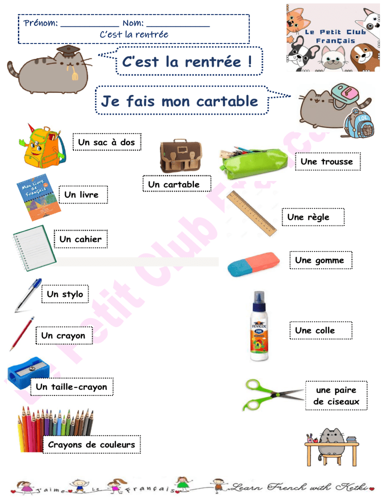 Fiche de fournitures scolaires en français : C'est la rentrée