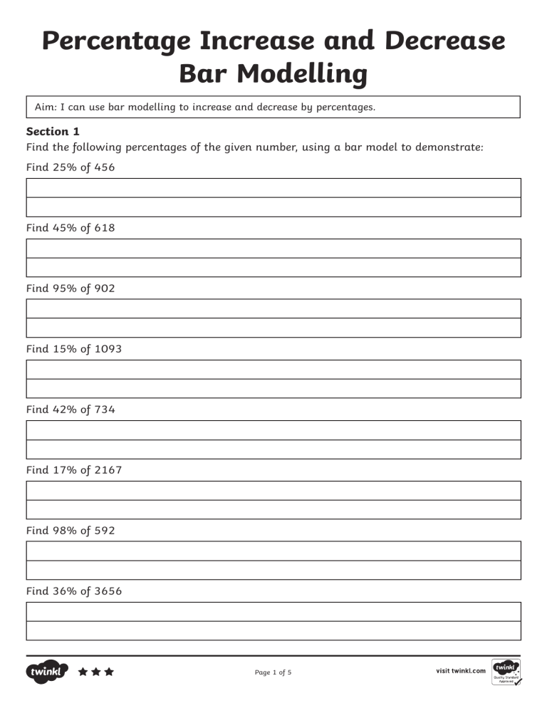 Percentage Increase & Decrease Worksheet: Bar Modelling