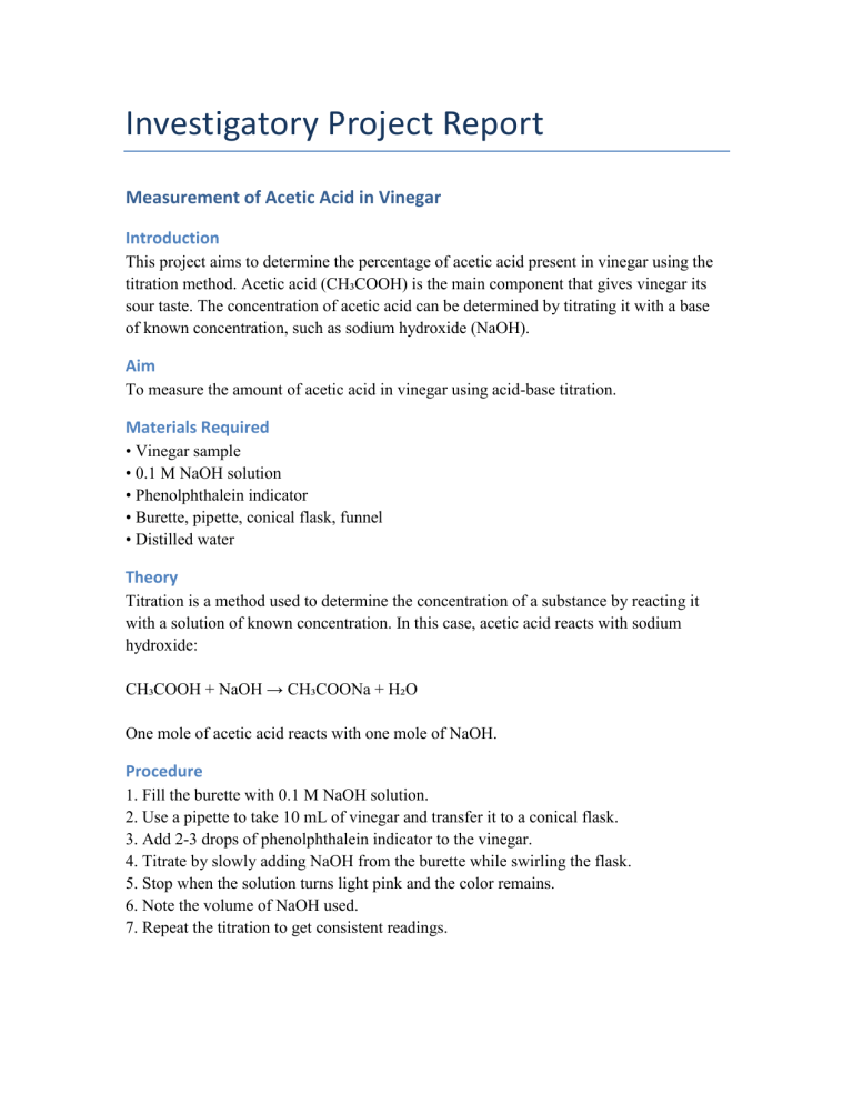 Acetic Acid in Vinegar: Titration Project Report