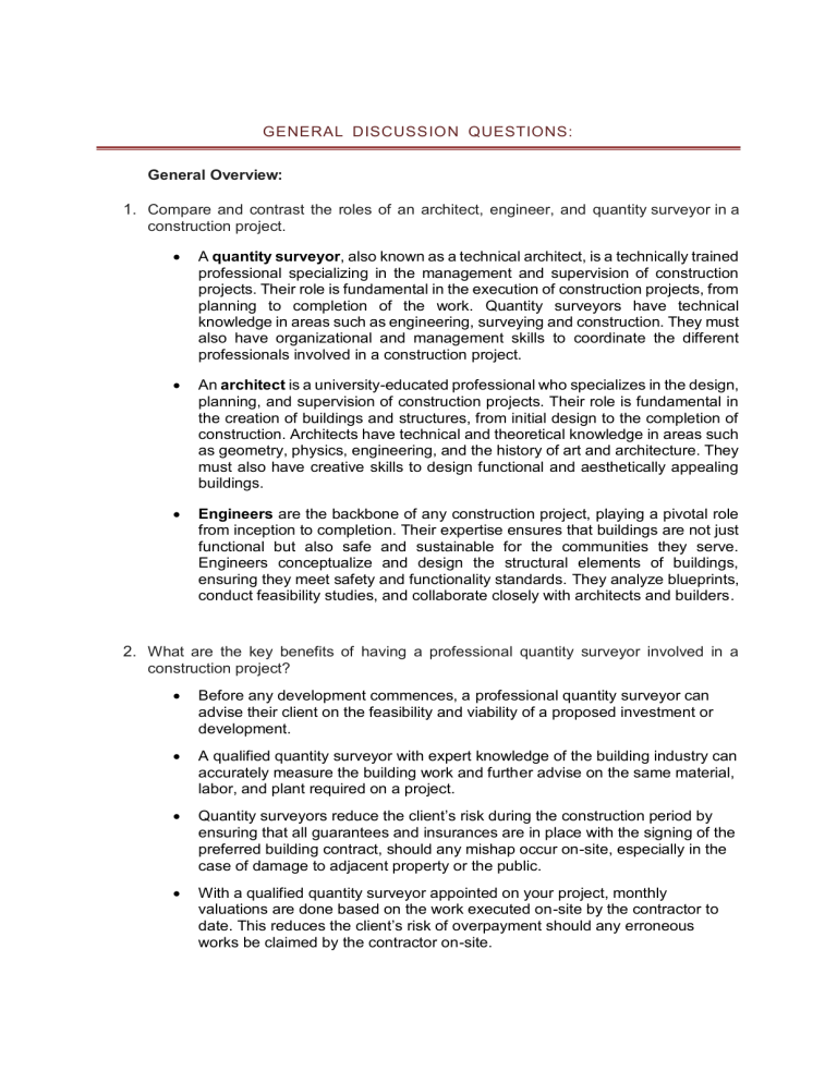 Quantity Surveying Discussion Questions