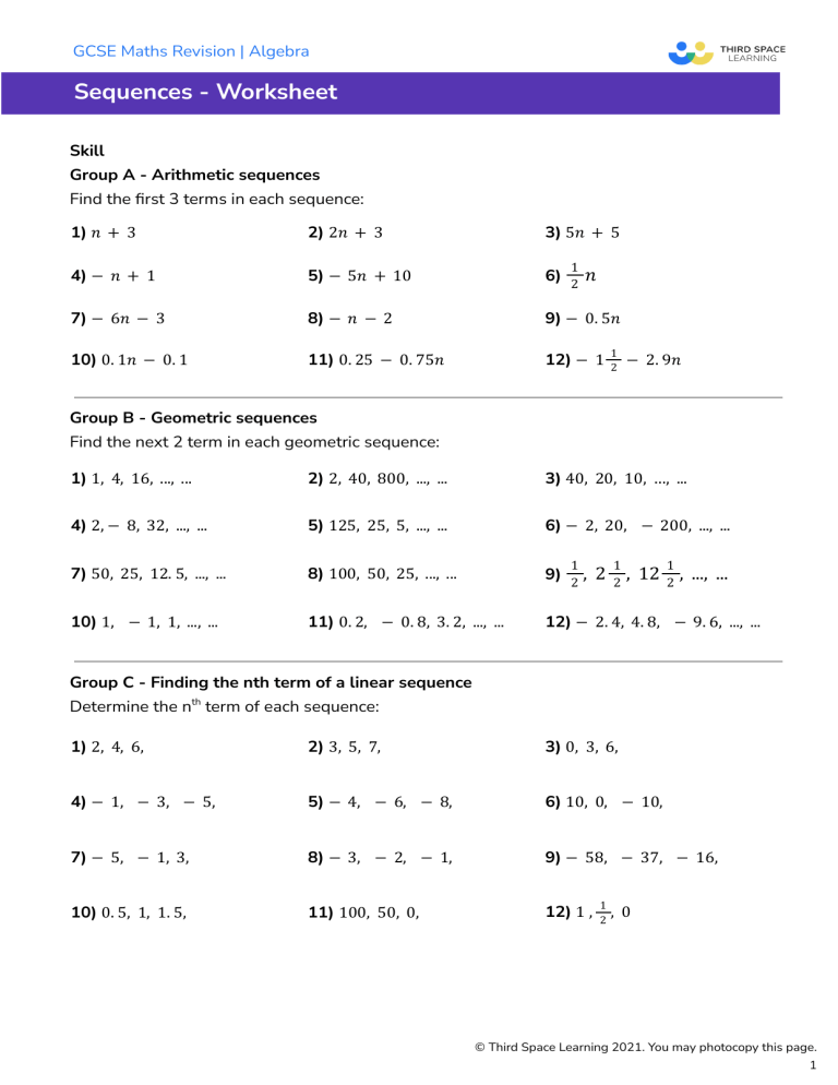 GCSE Maths: Algebra Sequences Worksheet