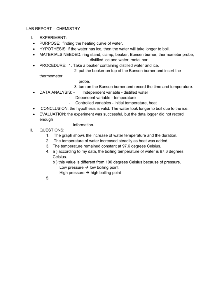 Heating Curve of Water Lab Report - Chemistry Experiment