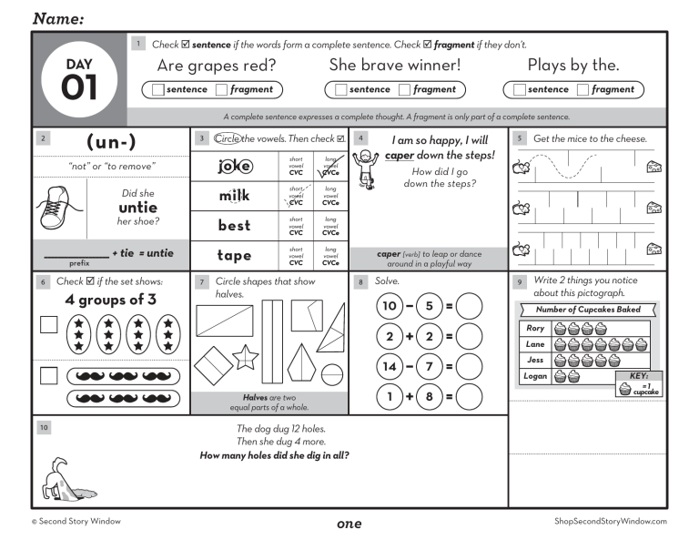 Elementary Language Arts and Math Worksheet