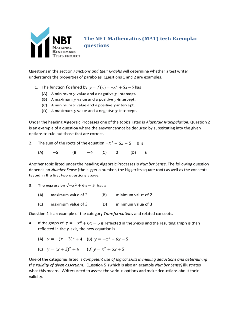 NBT Mathematics (MAT) Test: Exemplar Questions
