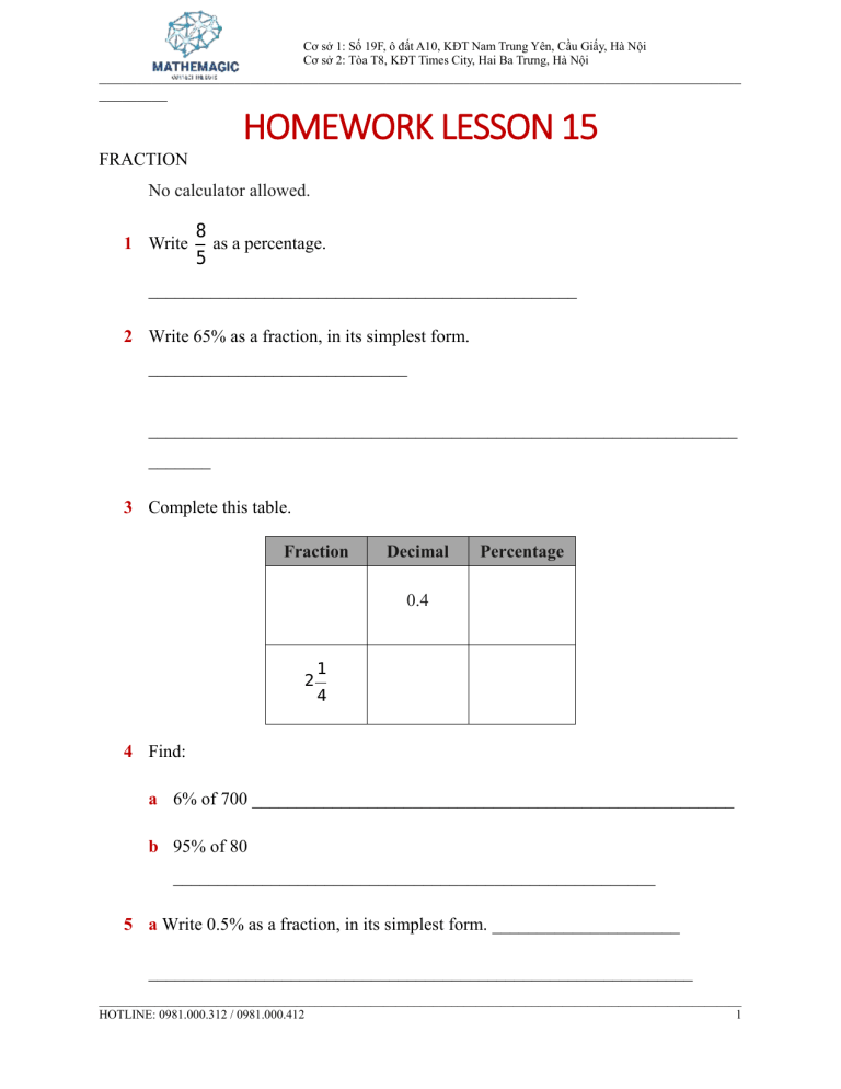 Fractions & Graphs Homework: Lesson 15